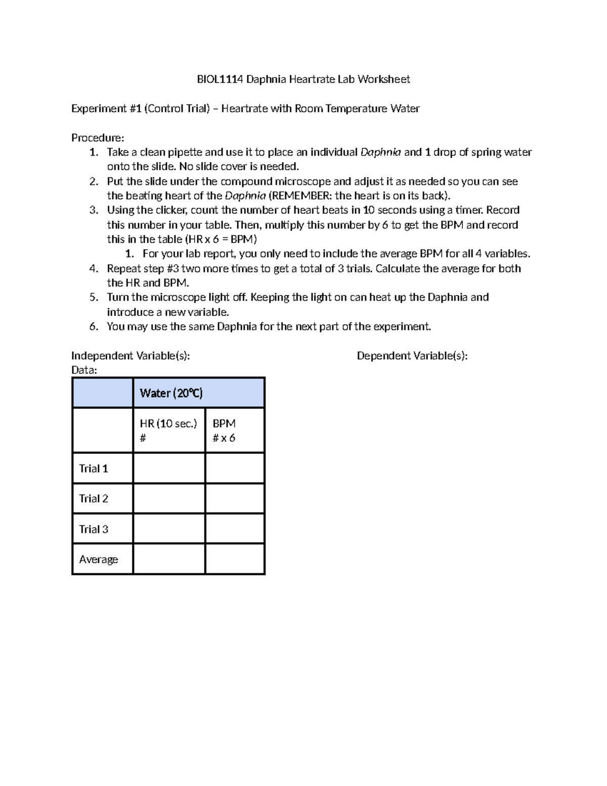 Daphnia Heart Rate Lab Worksheet (Experiment: Temp & Caffeine) - Studocu