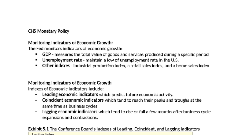 CH5 Monetary Policy: Indicators of Economic Growth and Inflation - Studocu