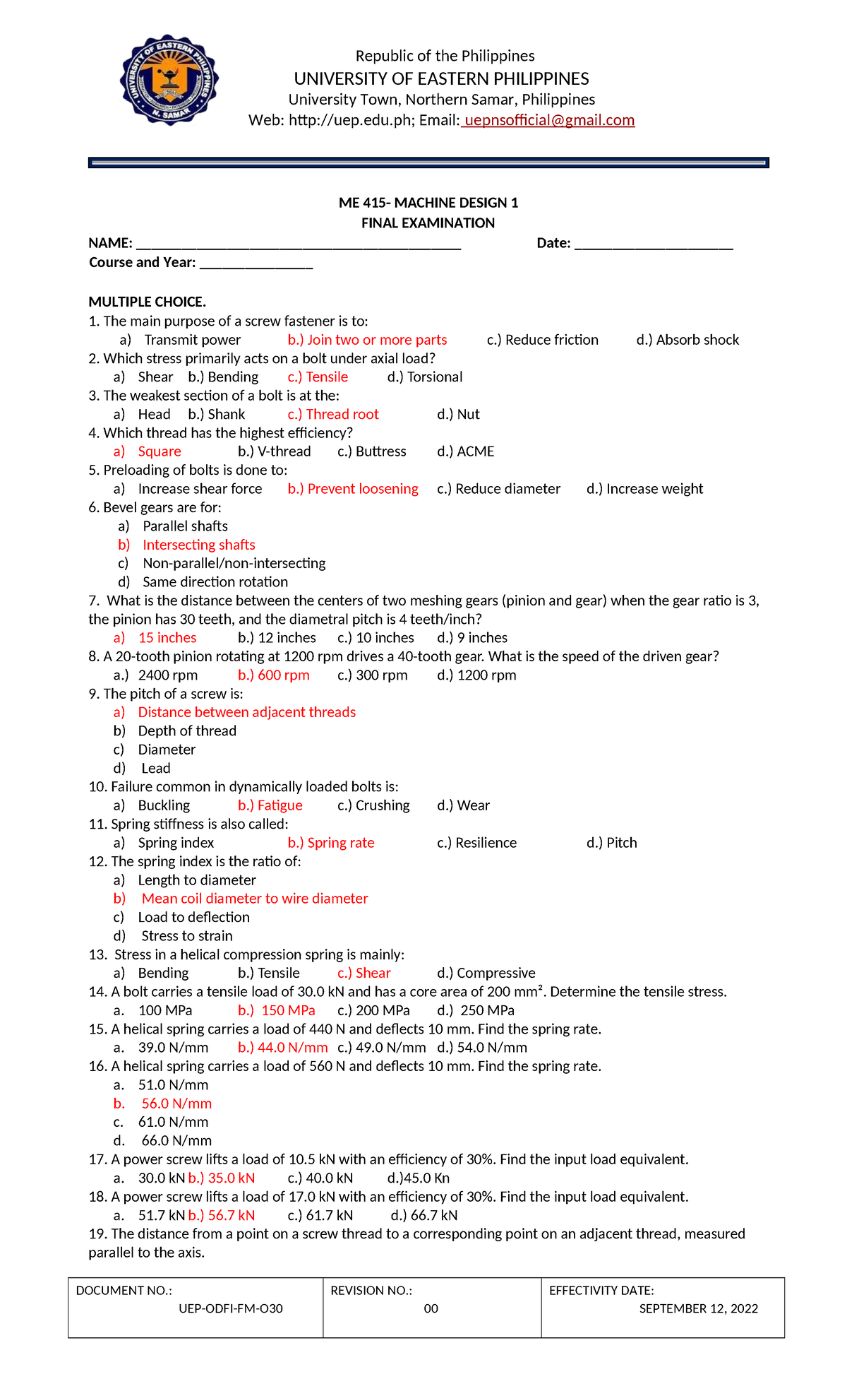 ME 415 Machine Design Final Exam Answer Key - Studocu