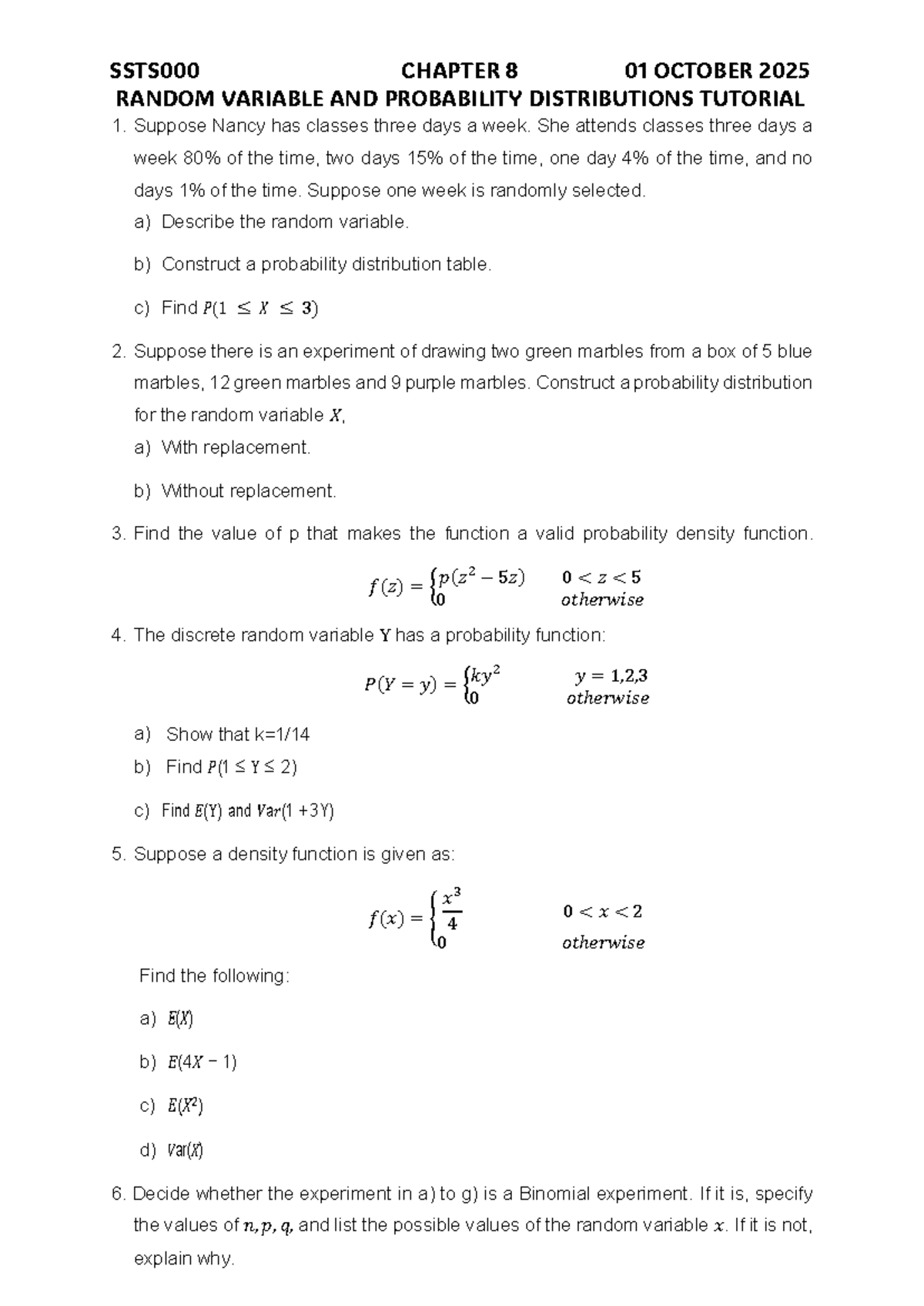 CHAPTER 8 TUTORIAL: RANDOM VARIABLES & PROBABILITY DISTRIBUTIONS (01 OCT 2025) - Studocu