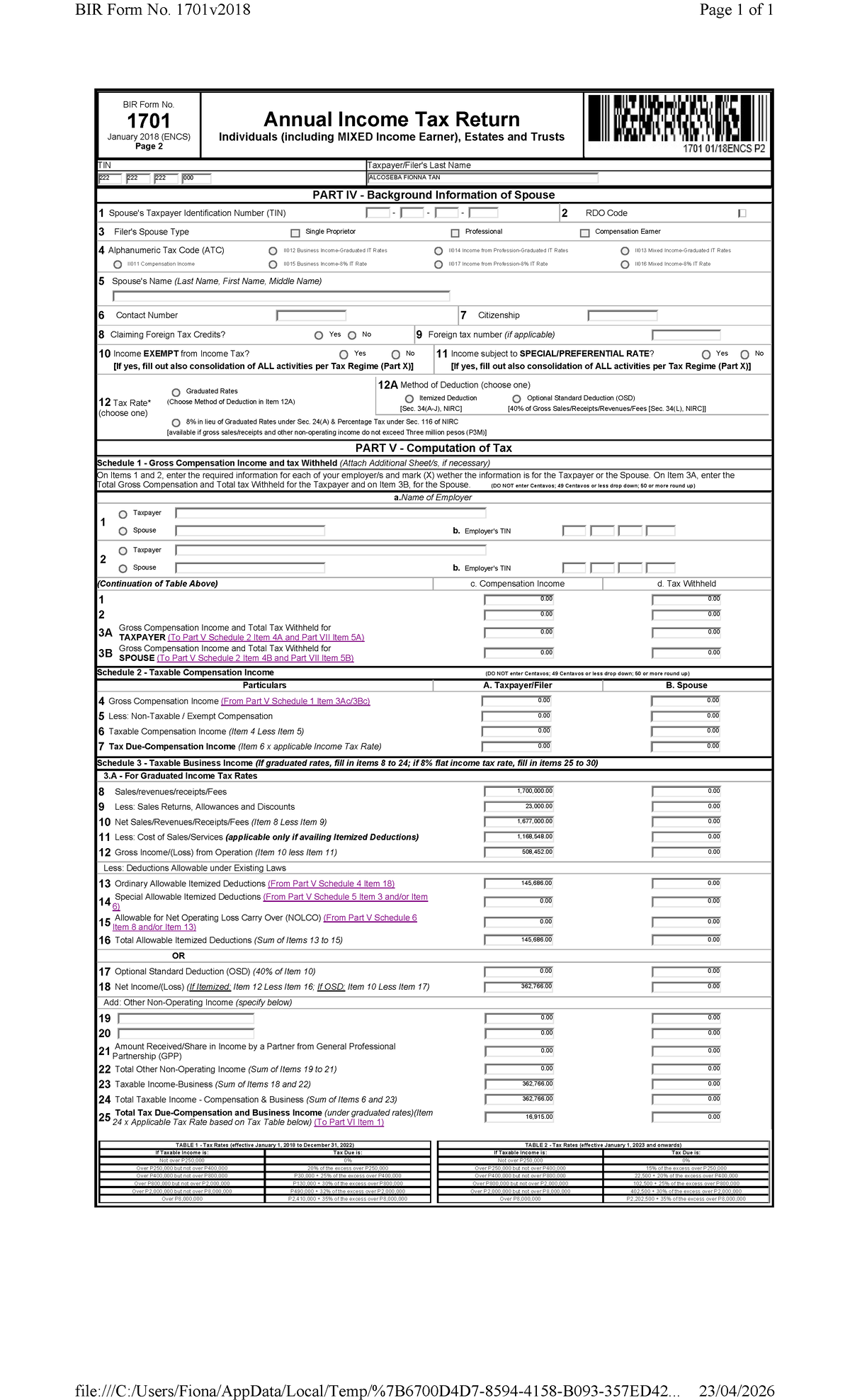 BIR Form 1701 Annual Income Tax Return 2018 (ENCS) Guide - Studocu