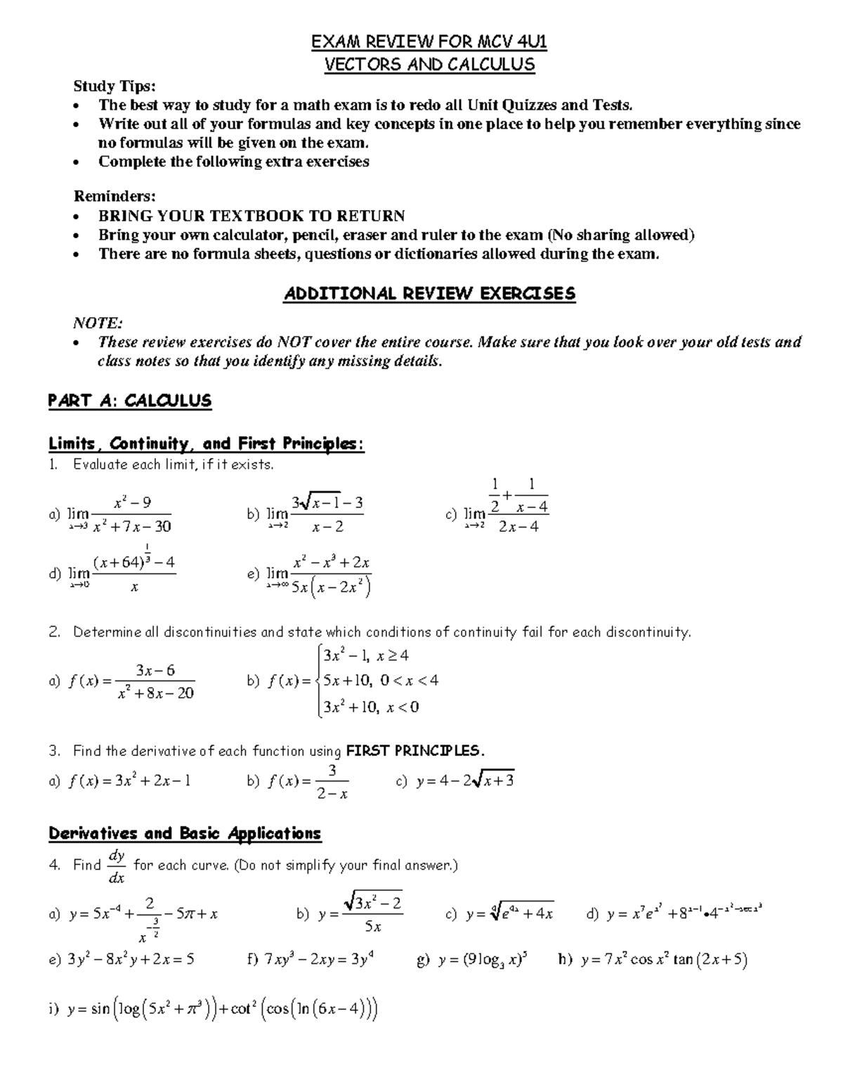 MCV4U Exam Review: Vectors and Calculus Study Guide - Studocu