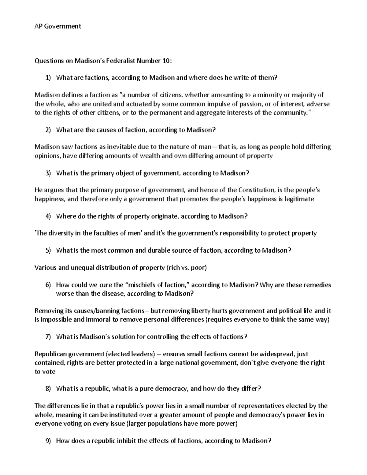 AP Government: Questions on Federalist No. 10 & 51 for Study Review ...