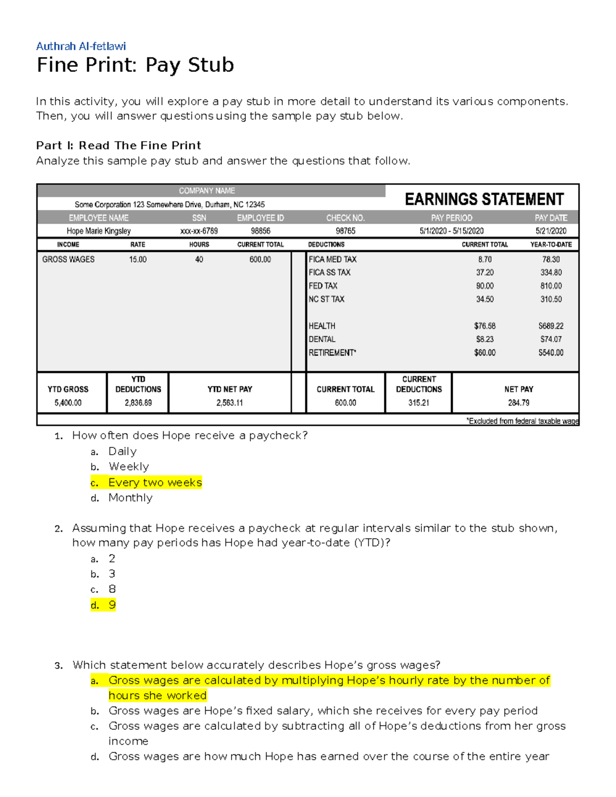Understanding the Pay Stub: Activity & Analysis for Students - Studocu