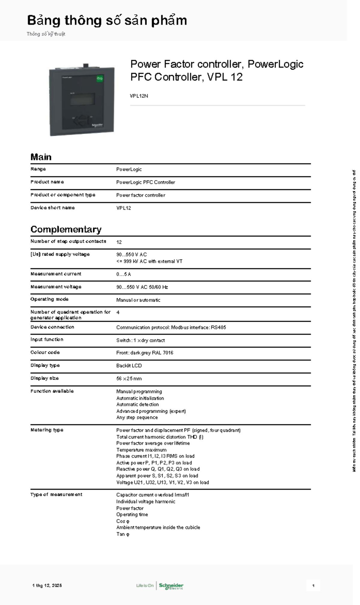 Schneider Electric VPL12N Power Factor Controller Specifications - Studocu