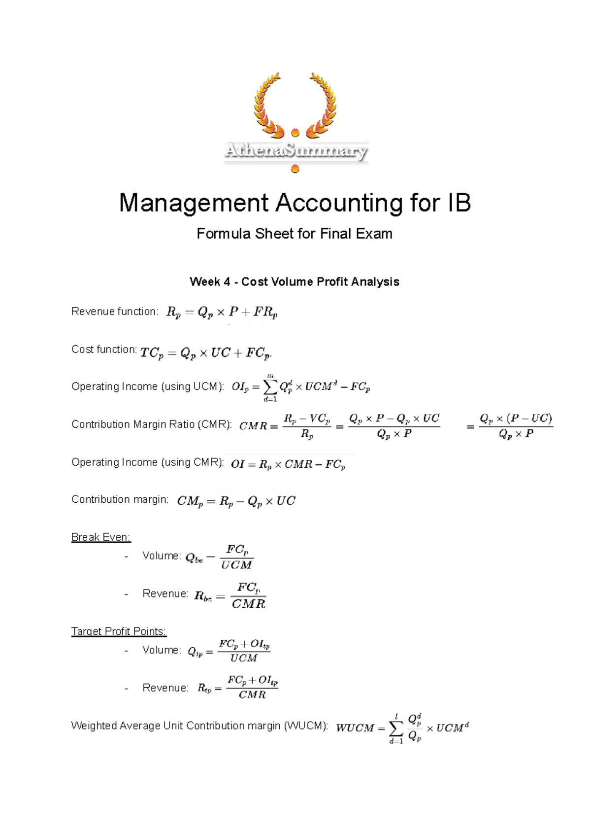 Management Accounting for IB - Final Exam Formula Sheet - Studeersnel