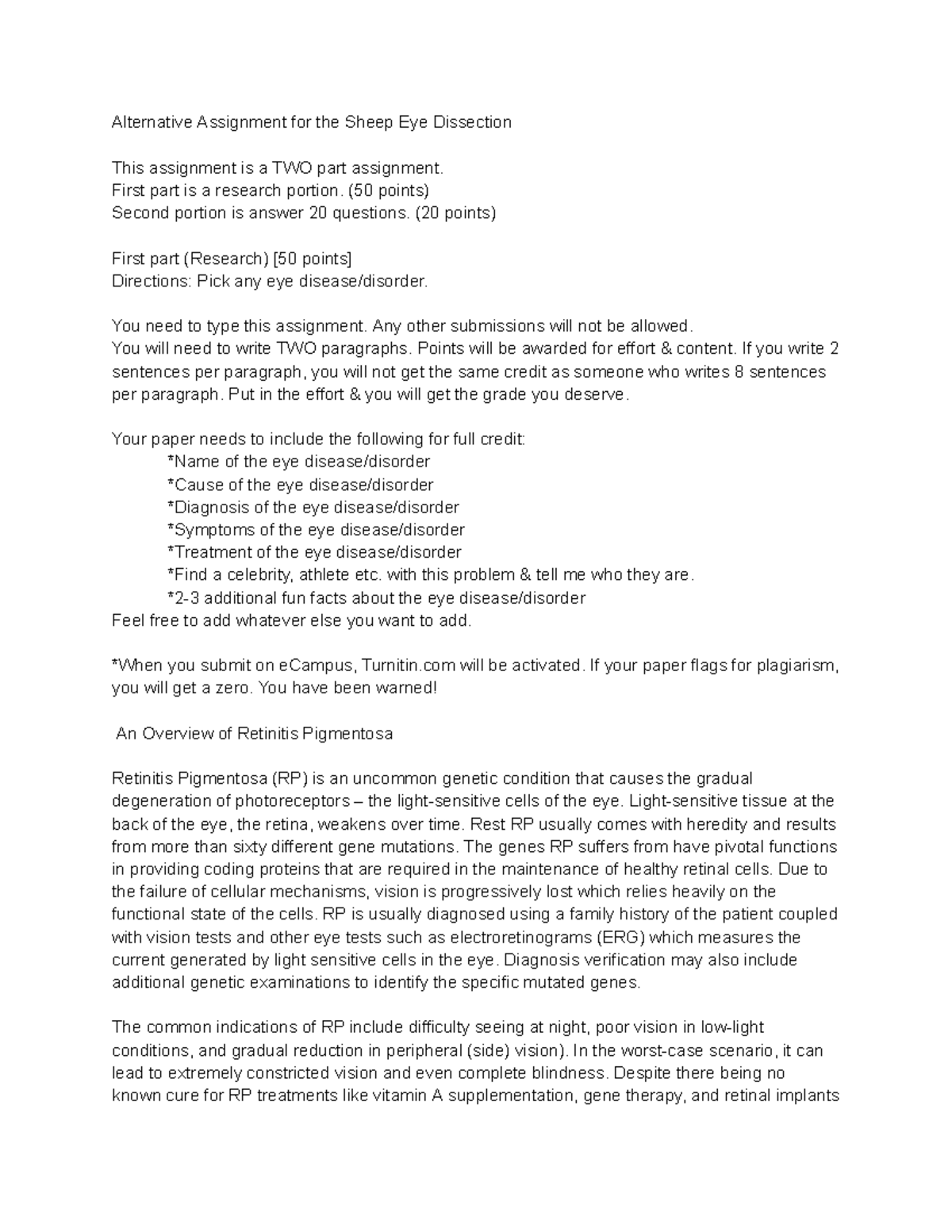 Alternative Assignment for the Sheep Eye Dissection - First part is a ...