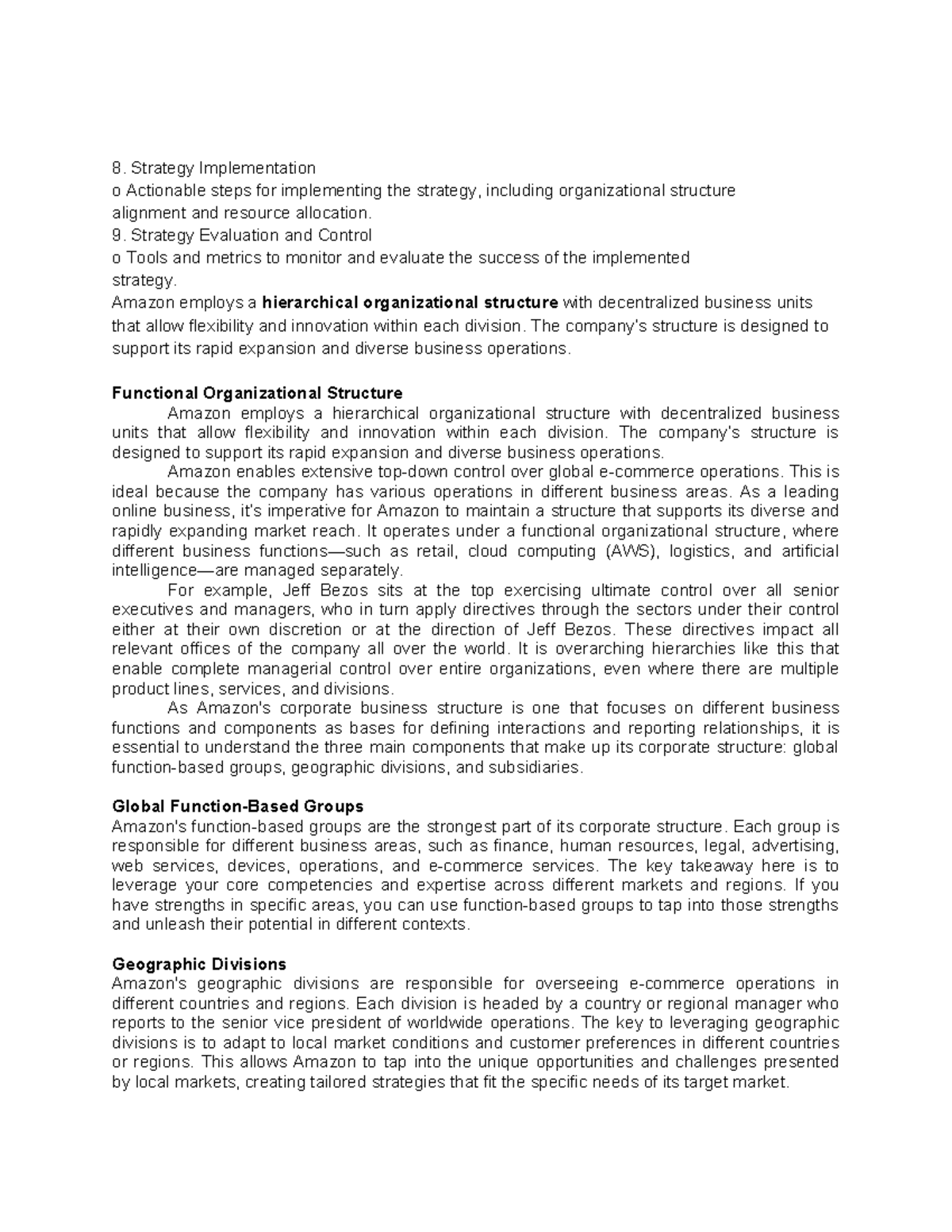 8. Strategy Implementation & Evaluation: Amazon's Corporate Structure & Control - Studocu