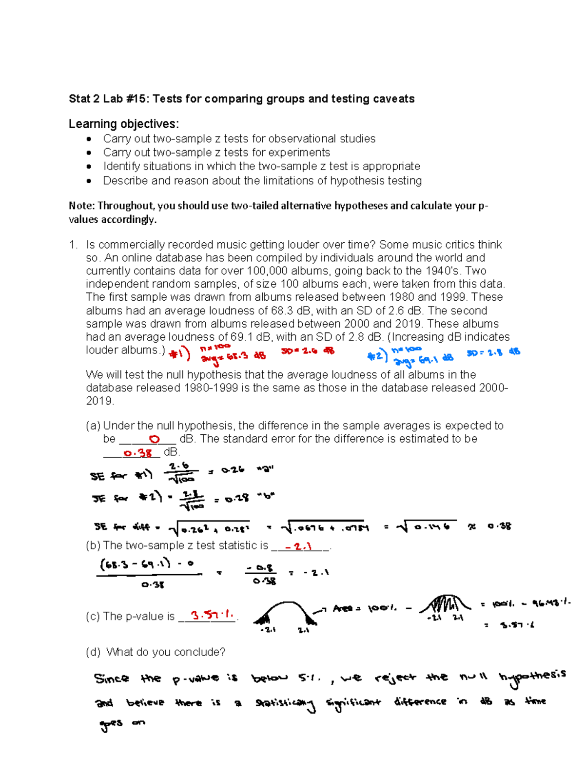 Stat 2 Lab: Z Tests for Group Comparisons & Hypothesis Testing - Studocu