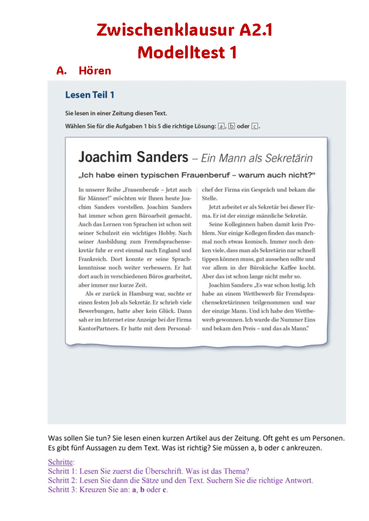 ZK A2.1 Modelltest 1 - German Mock test - German A2.2 - Zwischenklausur ...