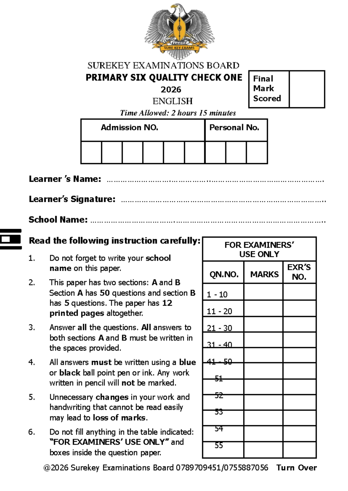 SUREKEY P.6 2026 ENGLISH Quality Check ONE Exam Paper - Studocu