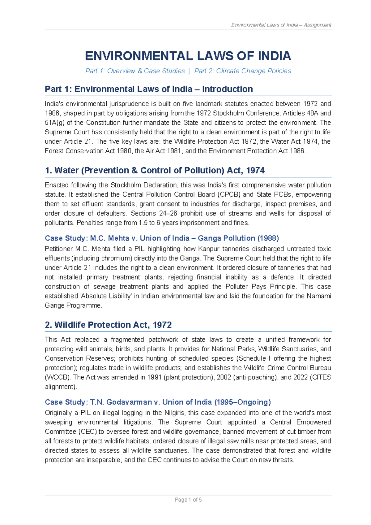 Environmental Laws of India Assignment: Overview & Climate Change ...
