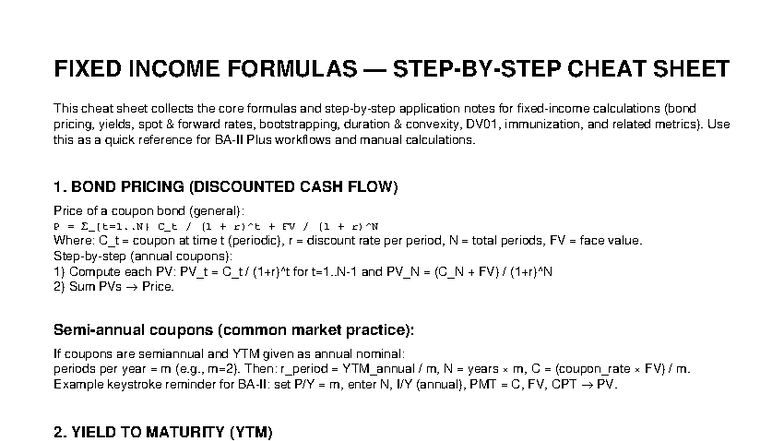 Fixed Income Formulas Cheat Sheet for Quick Reference - Studocu