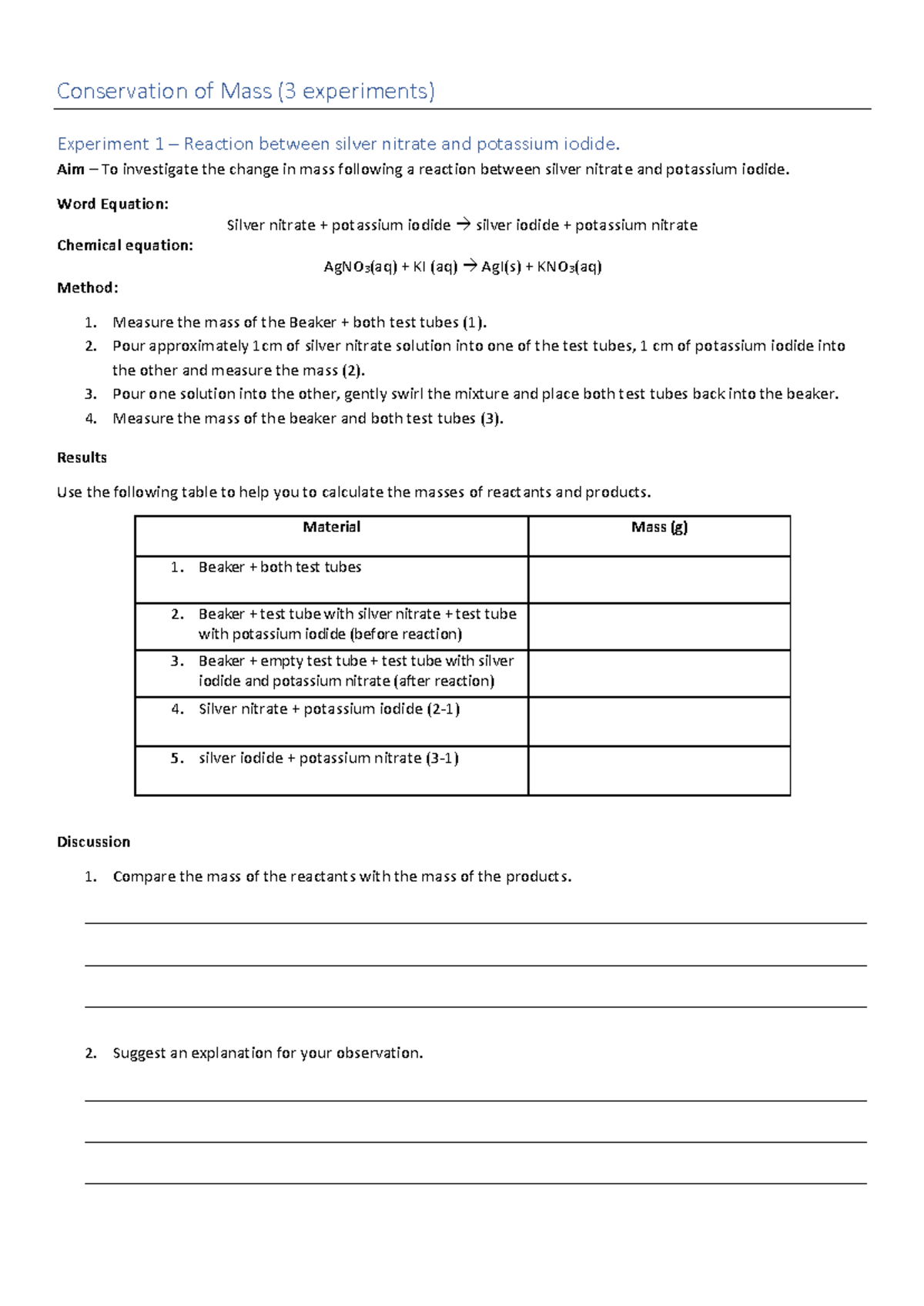 Conservation of Mass: Experiments on Chemical Reactions (3 Experiments ...