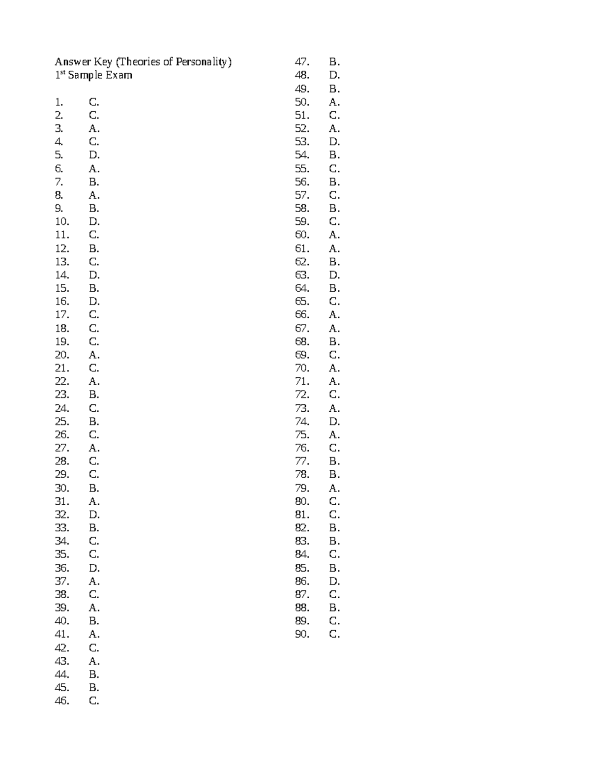 Answer Key for TOP 1st Sample Exam: Theories of Personality - Studocu