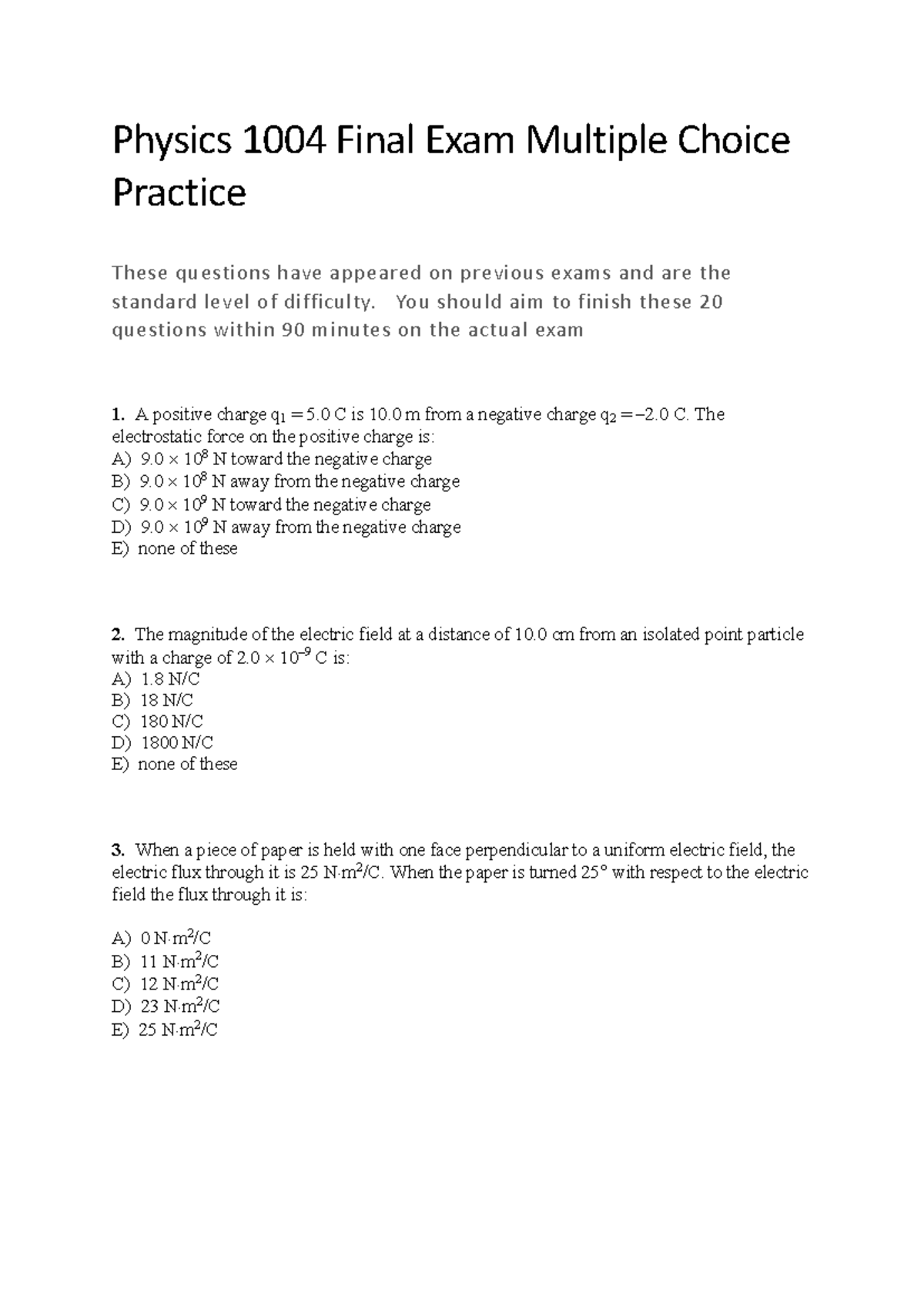 Physics 1004 Final Exam MCQ Practice Questions and Solutions - Studocu
