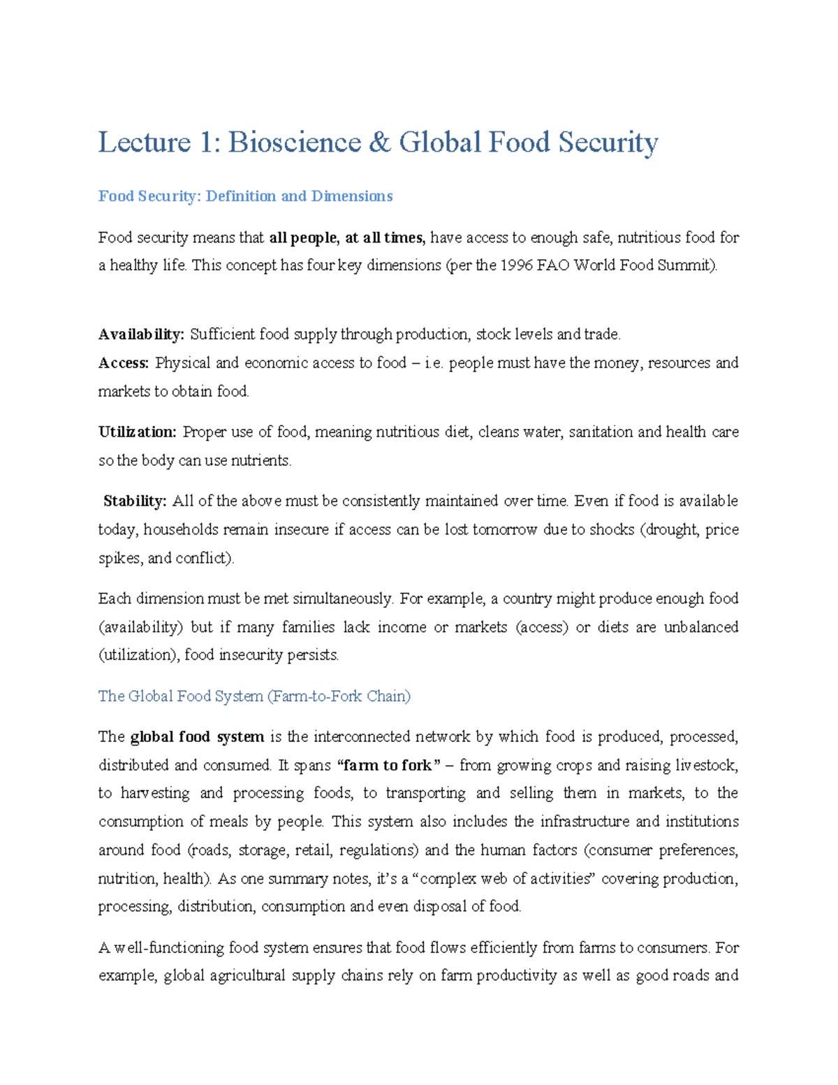 Lecture 1: BIOS 111 - Bioscience & Global Food Security Overview - Studocu