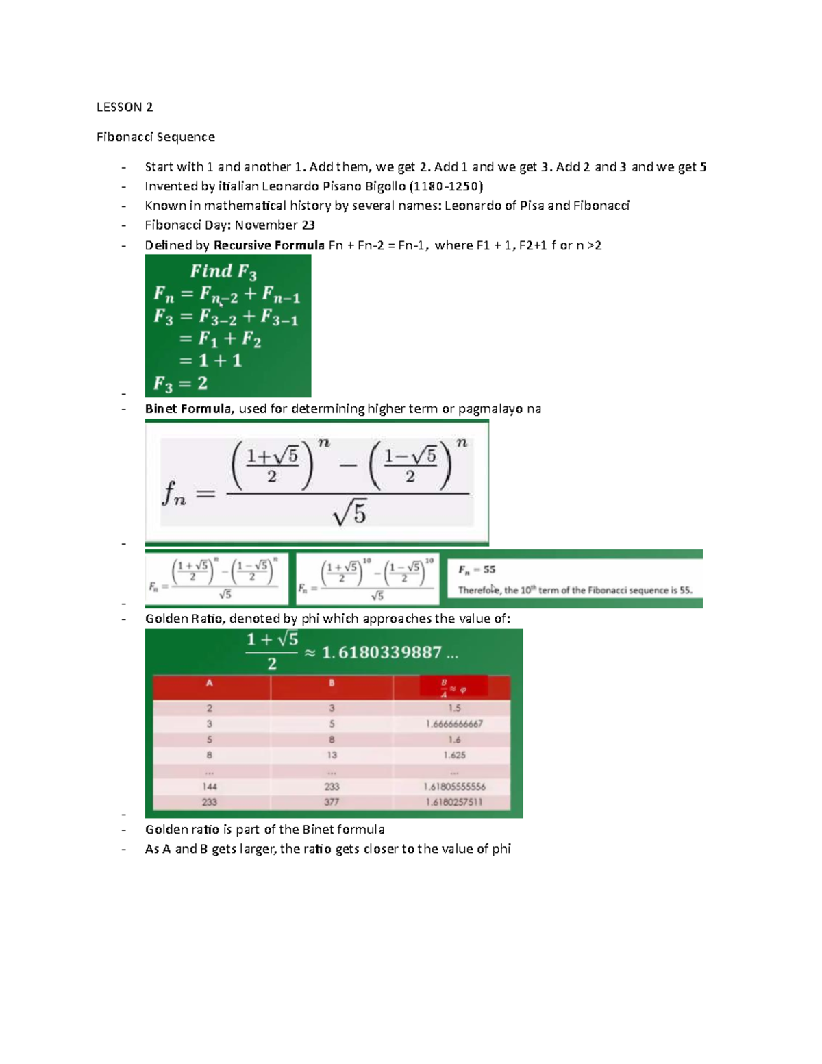 LESSON 2: Understanding the Fibonacci Sequence and Its Properties - Studocu