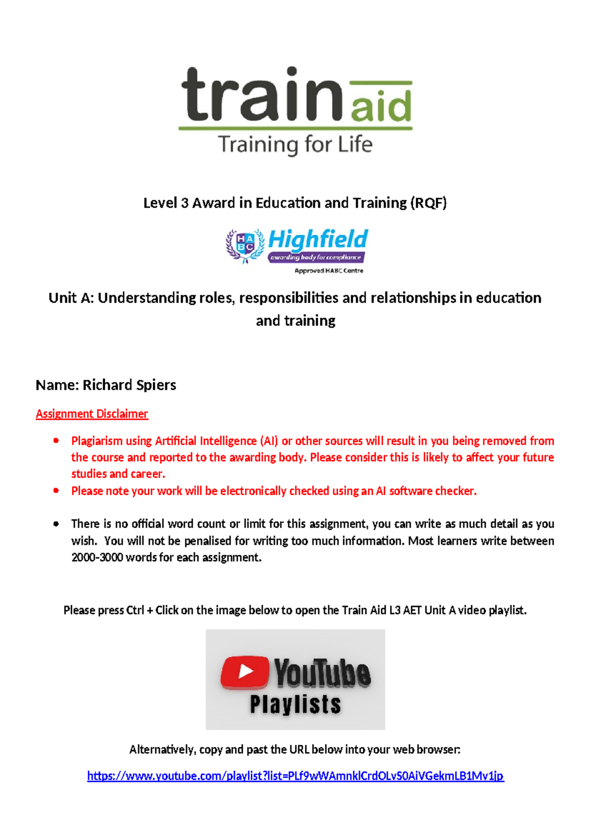 L3 AET Unit A Assignment: Understanding Roles in Education and Training ...