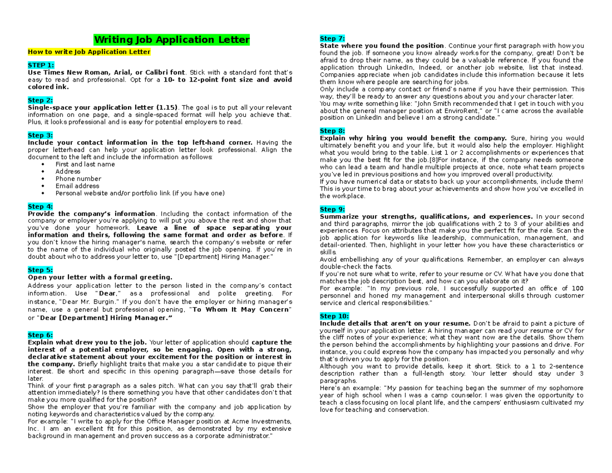 Job Application Letter & Resume Writing Guide - Studocu