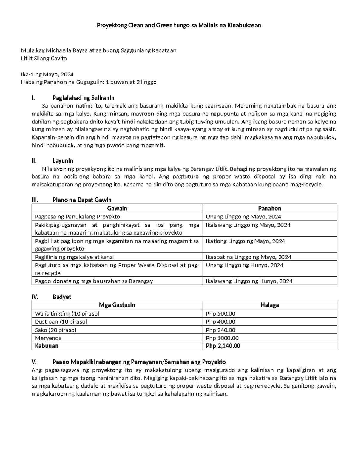 FPL Proposal: Clean and Green Project for Litlit Community - Studocu