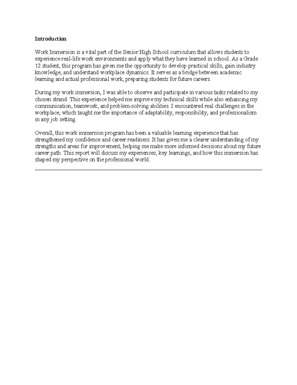 Introduction - IMPROVED - Introduction Work Immersion is a vital part ...