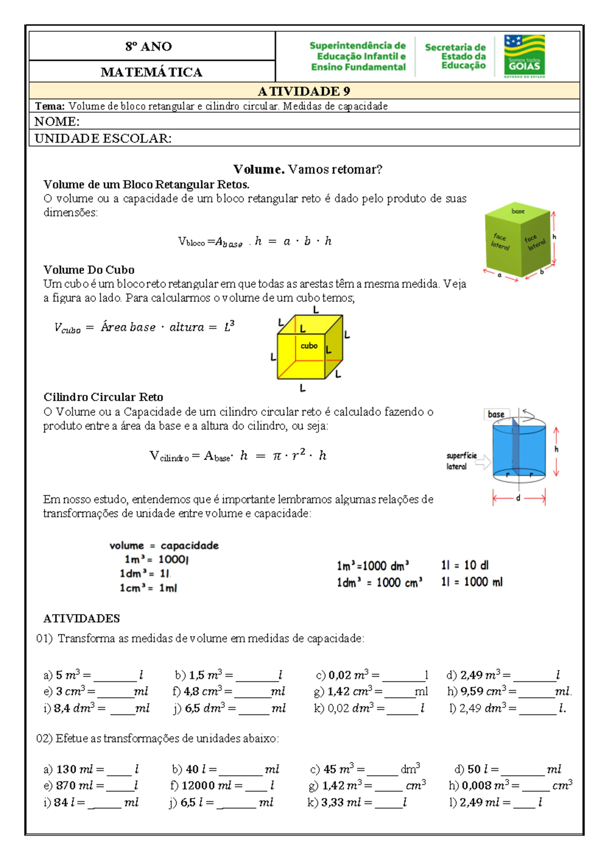 Atividade 9 - 8º Ano MAT: Volume de Bloco Retangular e Cilindro - Studocu