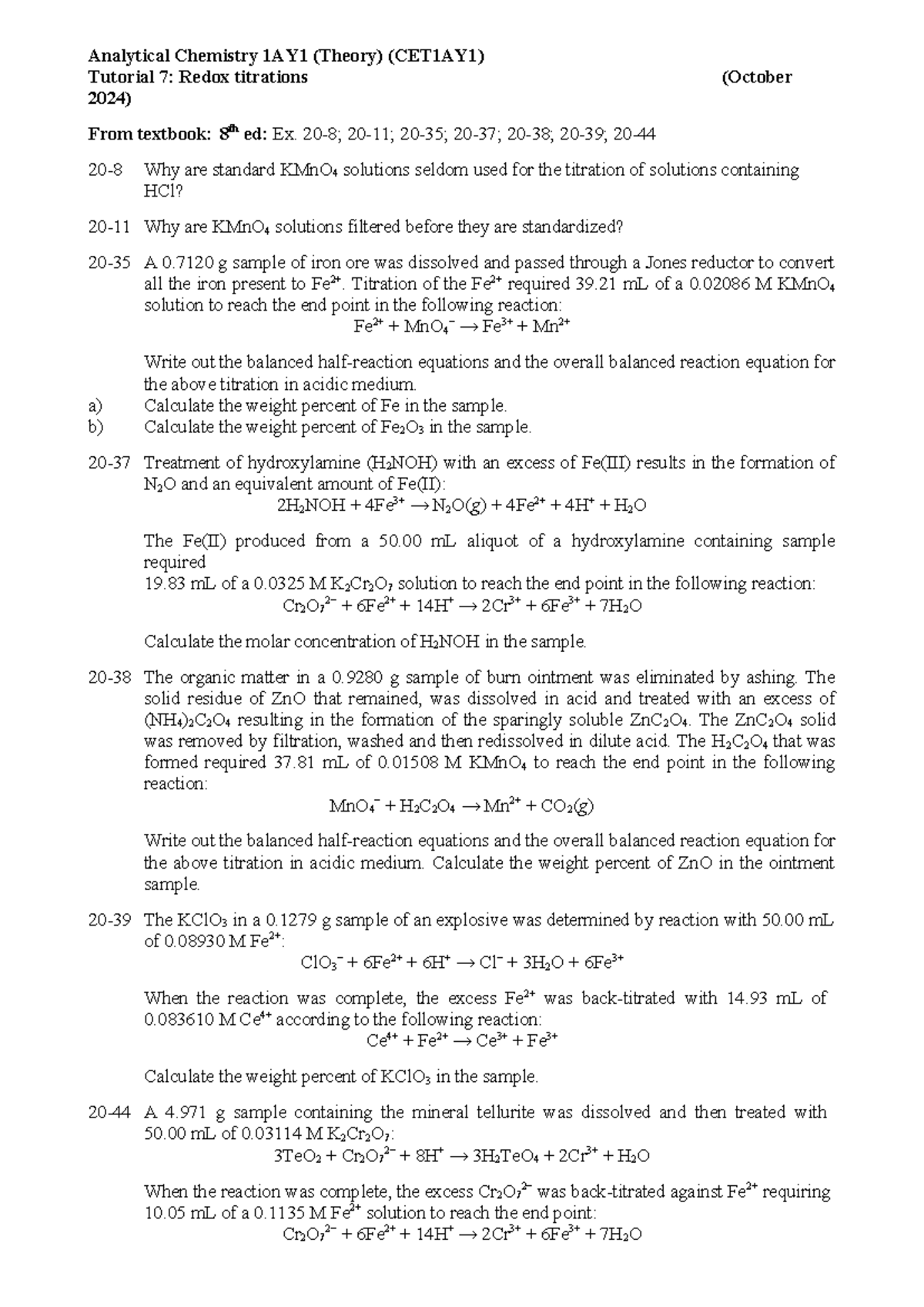 Analytical Chemistry 1AY1 (CET1AY1) Tutorial 7: Redox Titrations 2024 ...