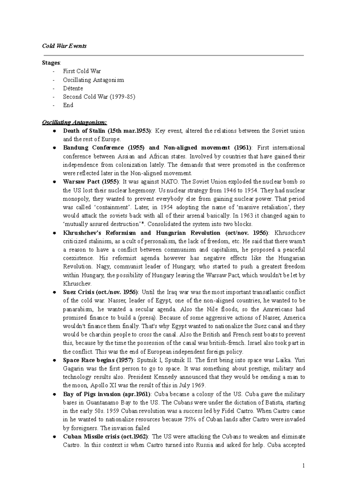 Cold War Events: Key Stages and Transformations (HIST 101) - Studocu