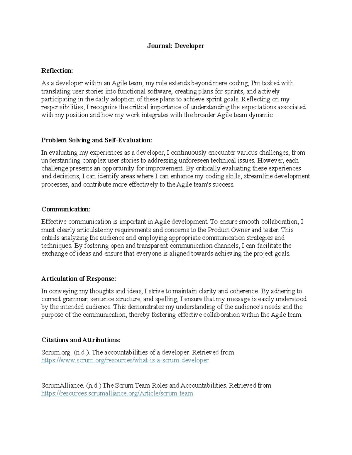 Journal Developer - Journal: Developer Reflection: As a developer ...