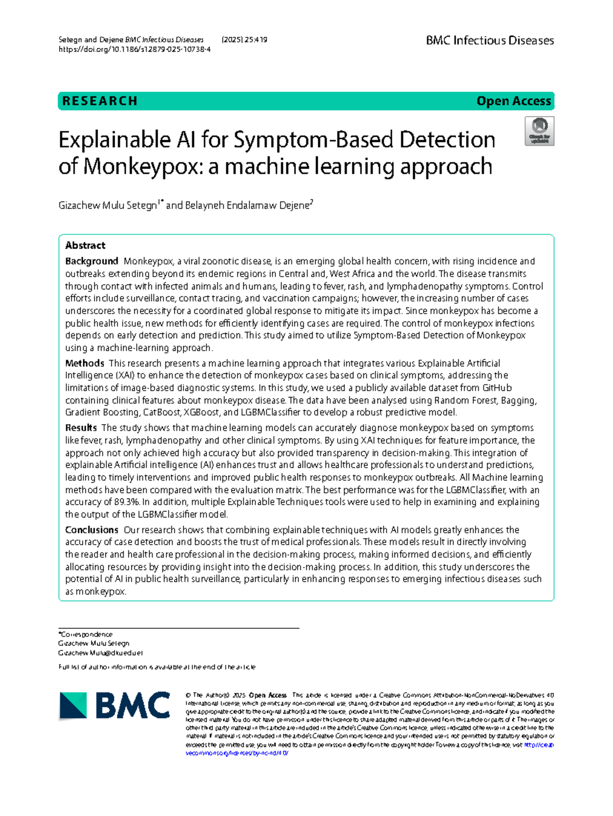 Explainable AI for Monkeypox Detection: A Machine Learning Approach (BMC ID - Studocu