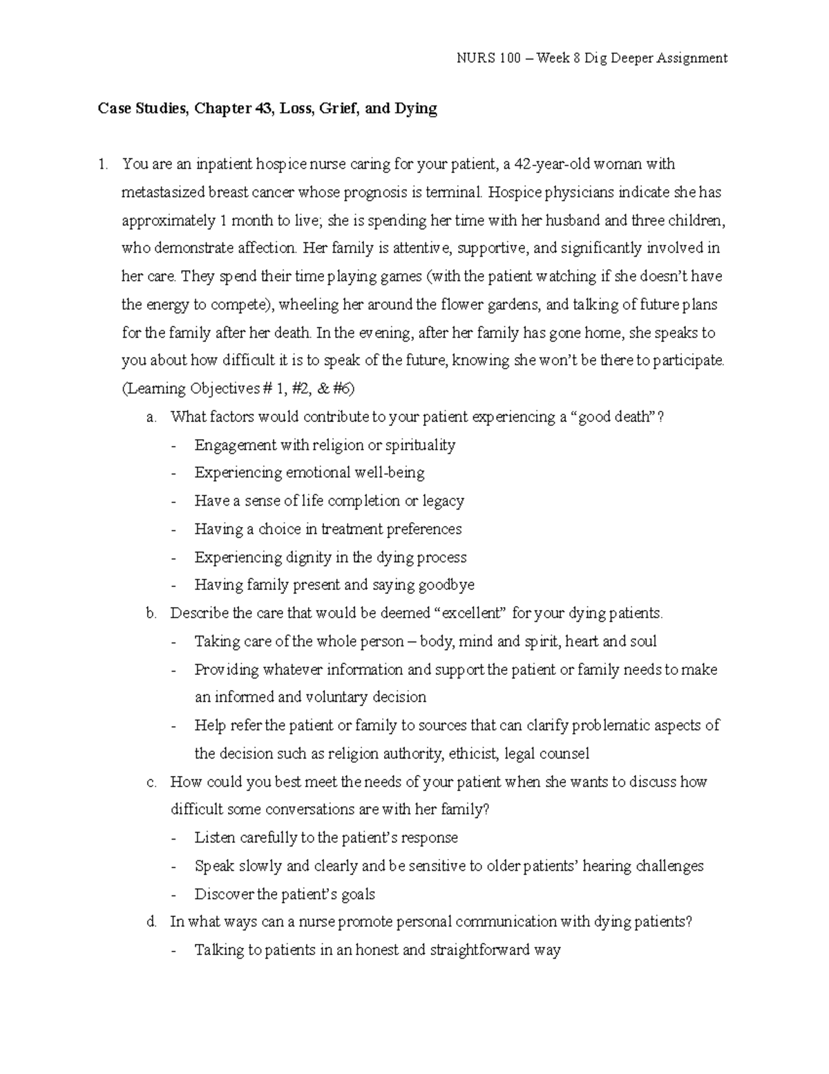 NURS 100 Week 8 Dig Deeper Assignment Case Studies Chapter 43 Loss ...