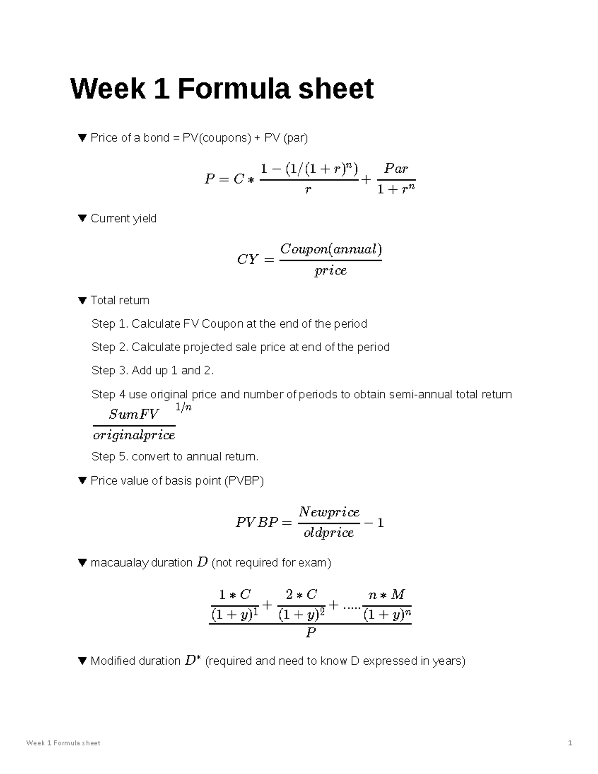 Fixed income L1 Formula - Week 1 Formula sheet 1 Week 1 Formula sheet ...