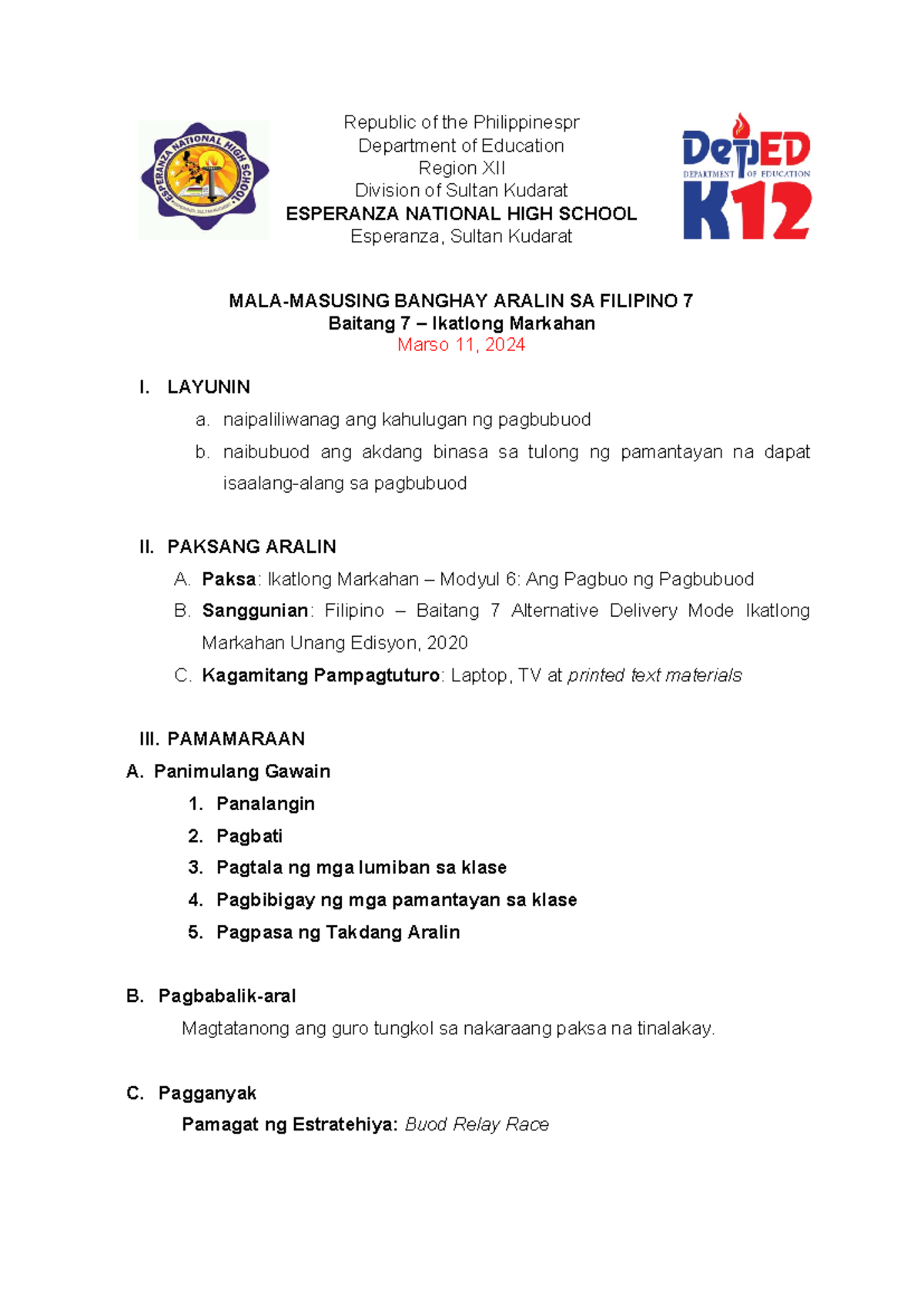 Fil7 Lesson Plan - Pagbubuod para sa Ikatlong Markahan - Studocu
