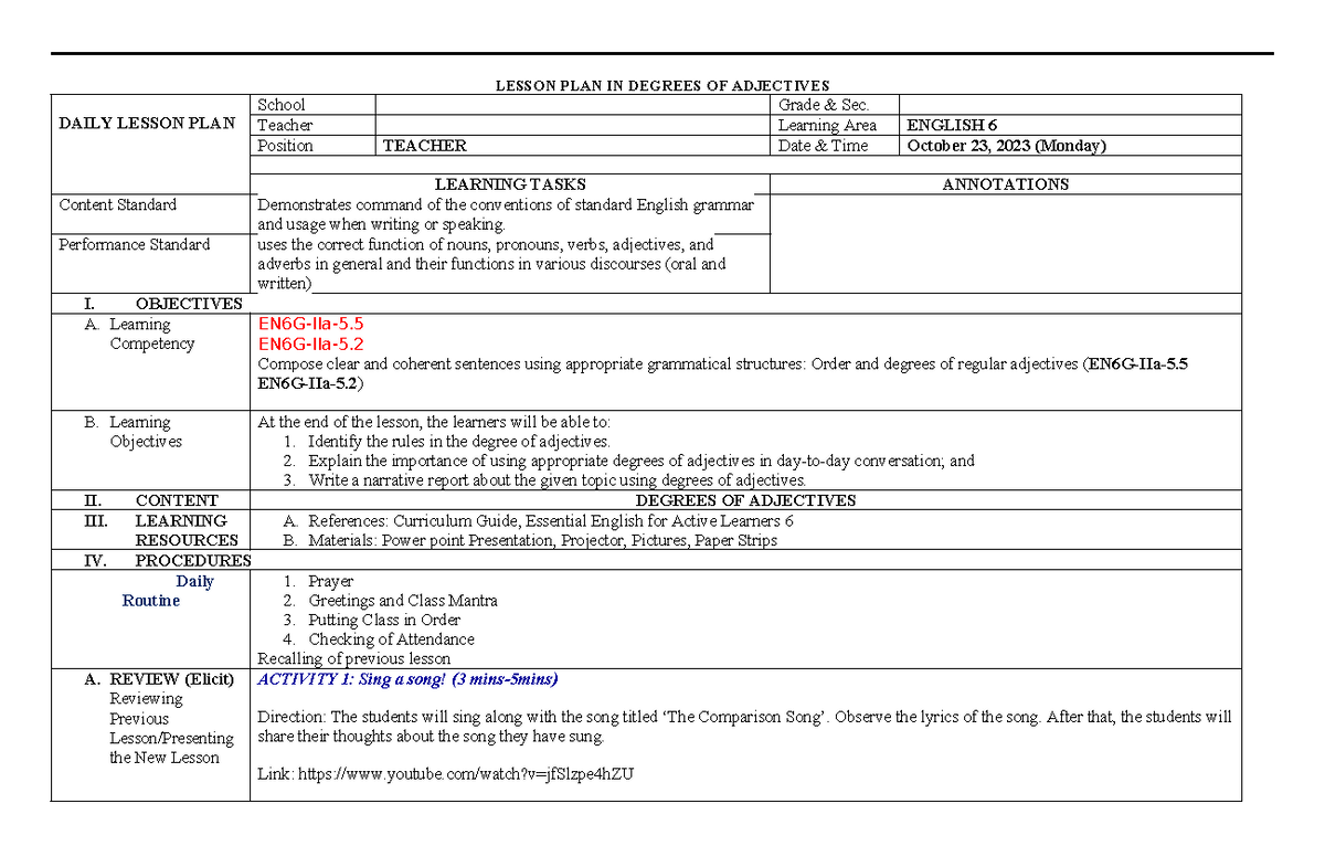 Degrees of Adjectives - Lesson Plan for ENGLISH 6 - Studocu