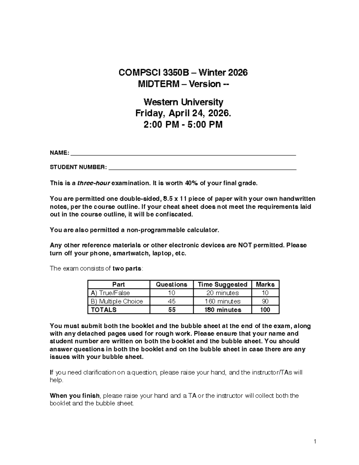 COMPSCI 3350B Winter 2026 MIDTERM Exam Instructions and Details - Studocu