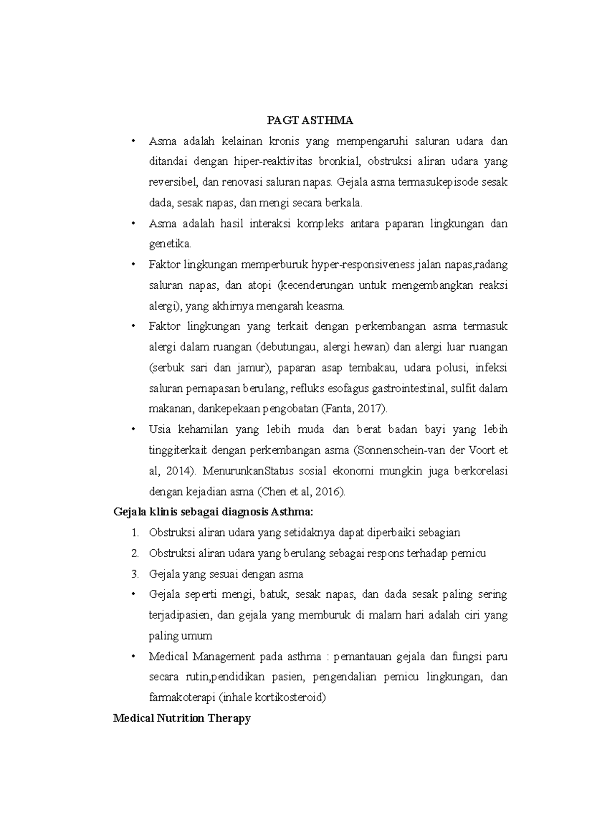 PAGT Asthma: Clinical Overview and Dietary Management Notes - Studocu