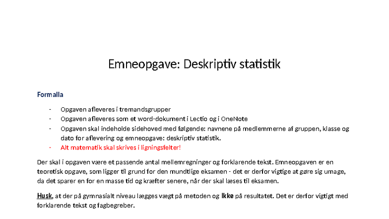 Emneopgave: Deskriptiv Statistik - Teoretisk Analyse og Metoder - Studocu