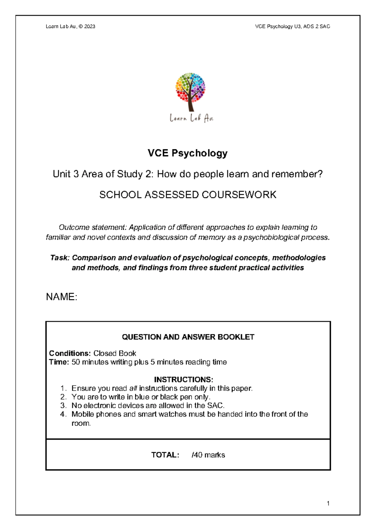 VCE Psychology Unit 3 AoS 2 SAC - Learning & Memory Activities Guide ...