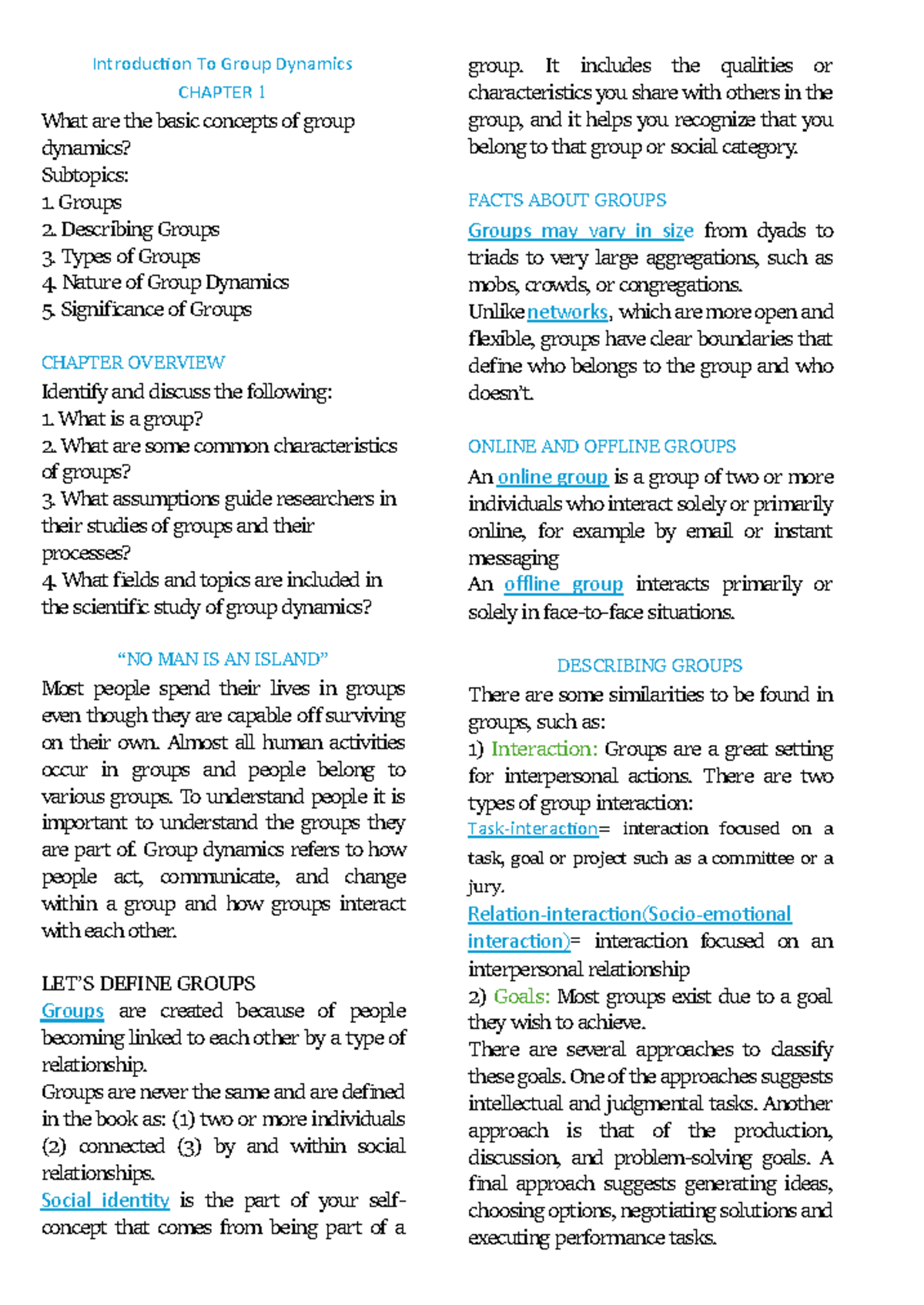 Group dynamics overview and key concepts: Chapters 1-8 summary - Studocu