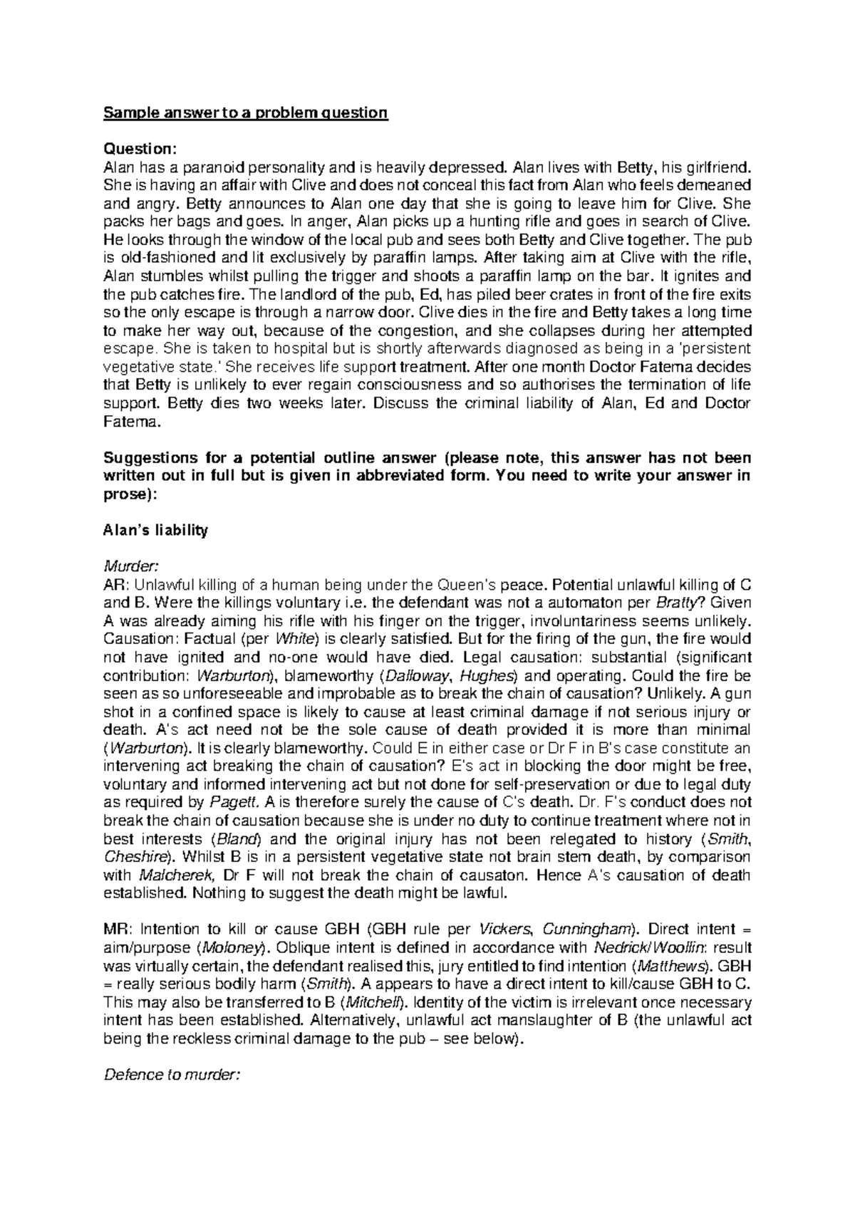 Criminal law problem question example - Sample answer to a problem ...