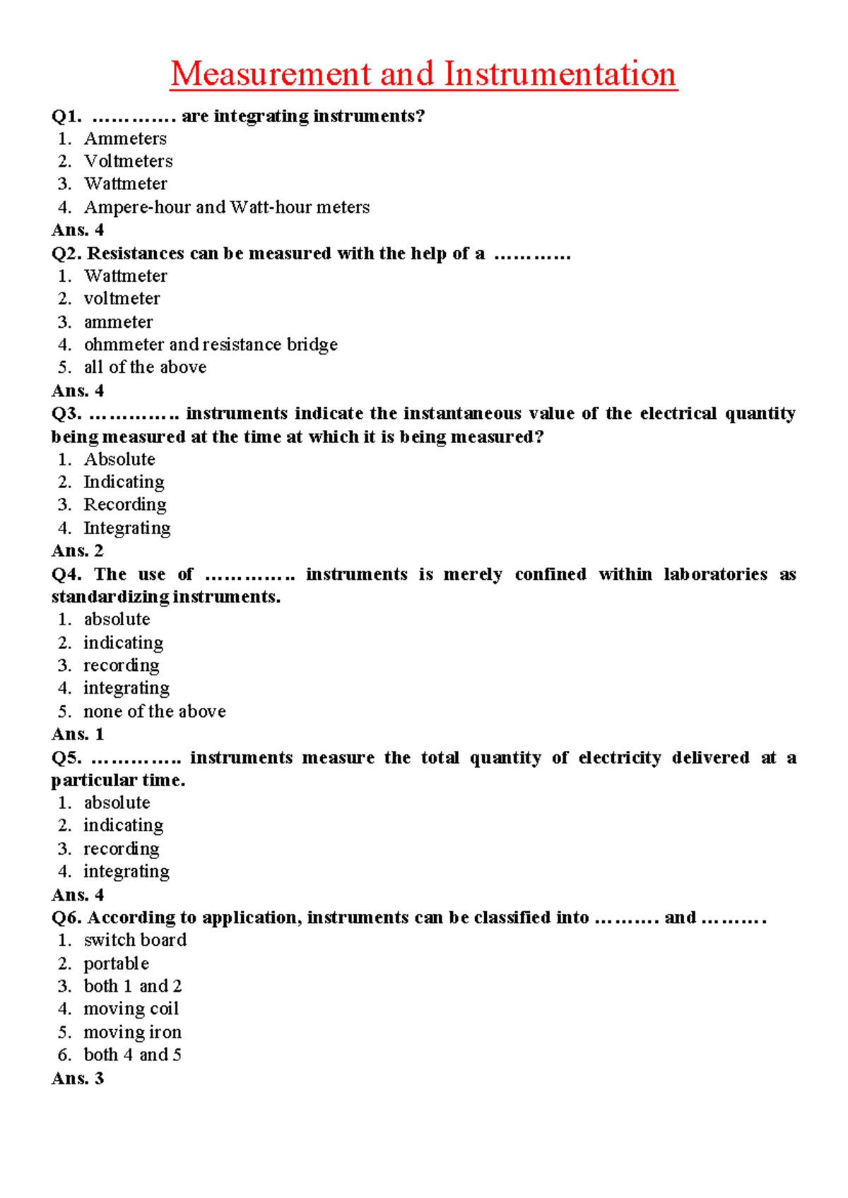 Measurement and Instrumentation MCQs for Exam Preparation - Studocu