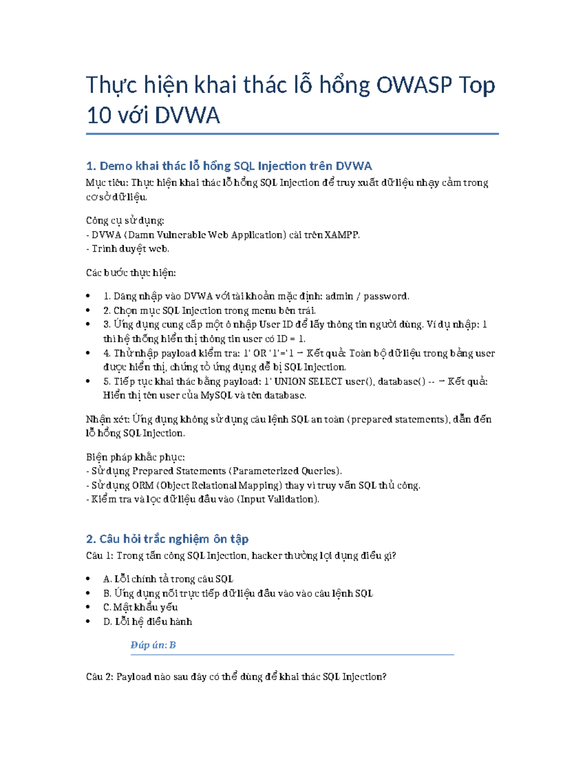Khai Thác Lỗ Hổng SQL Injection Trên DVWA - OWASP Top 10 Demo - Studocu