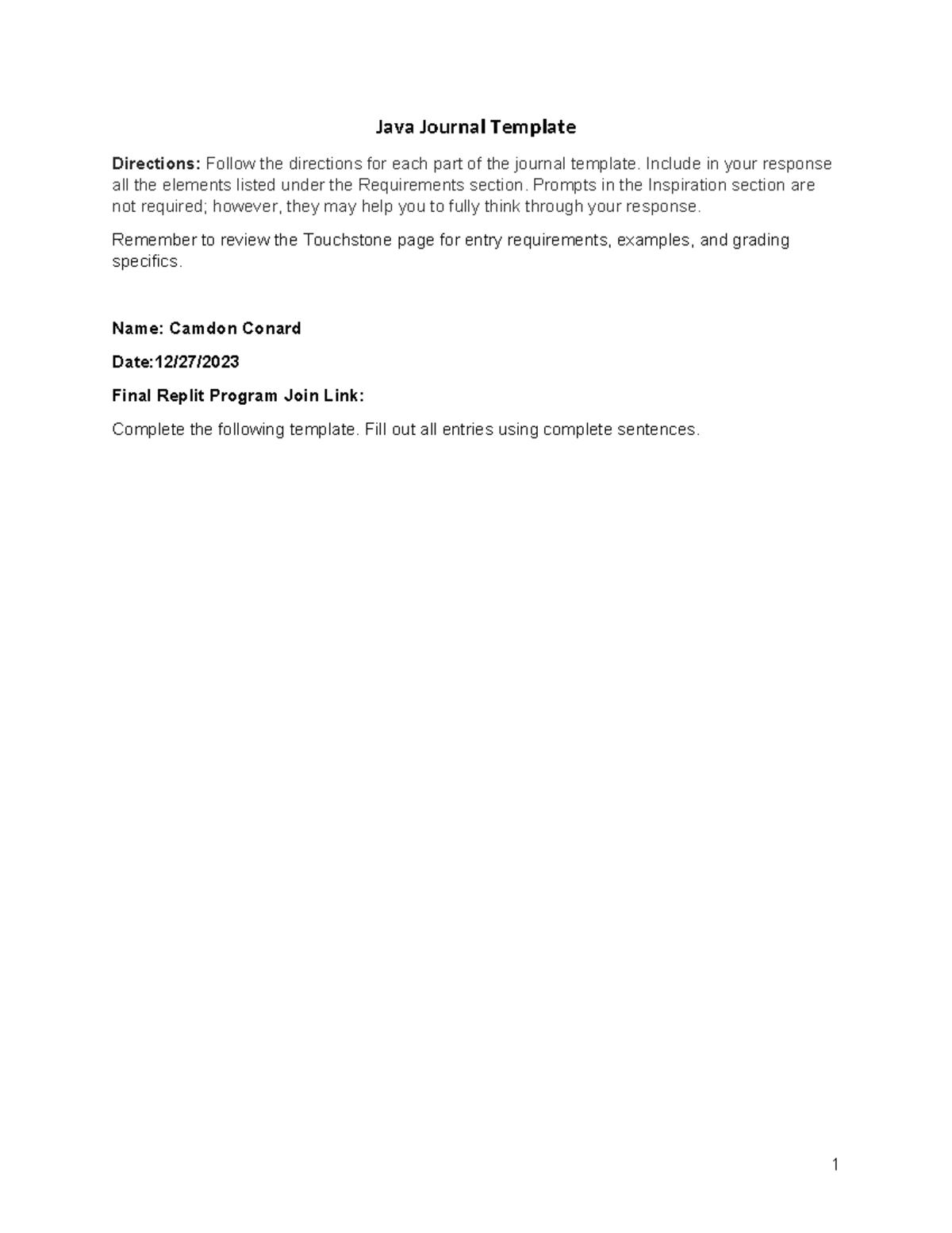 Java Project Journal - Java Journal Template Directions: Follow the ...