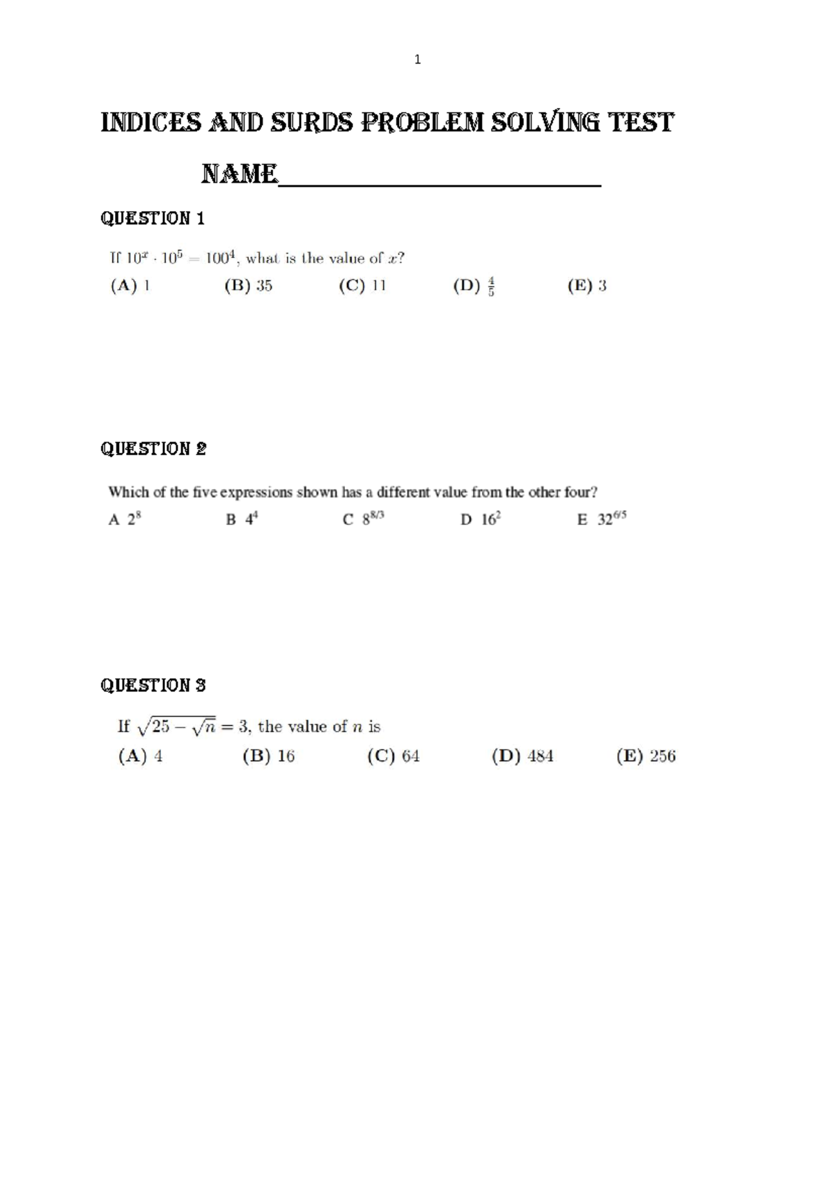 Copy of Indices PS test pdf - IndIces and surds problem solvIng test ...