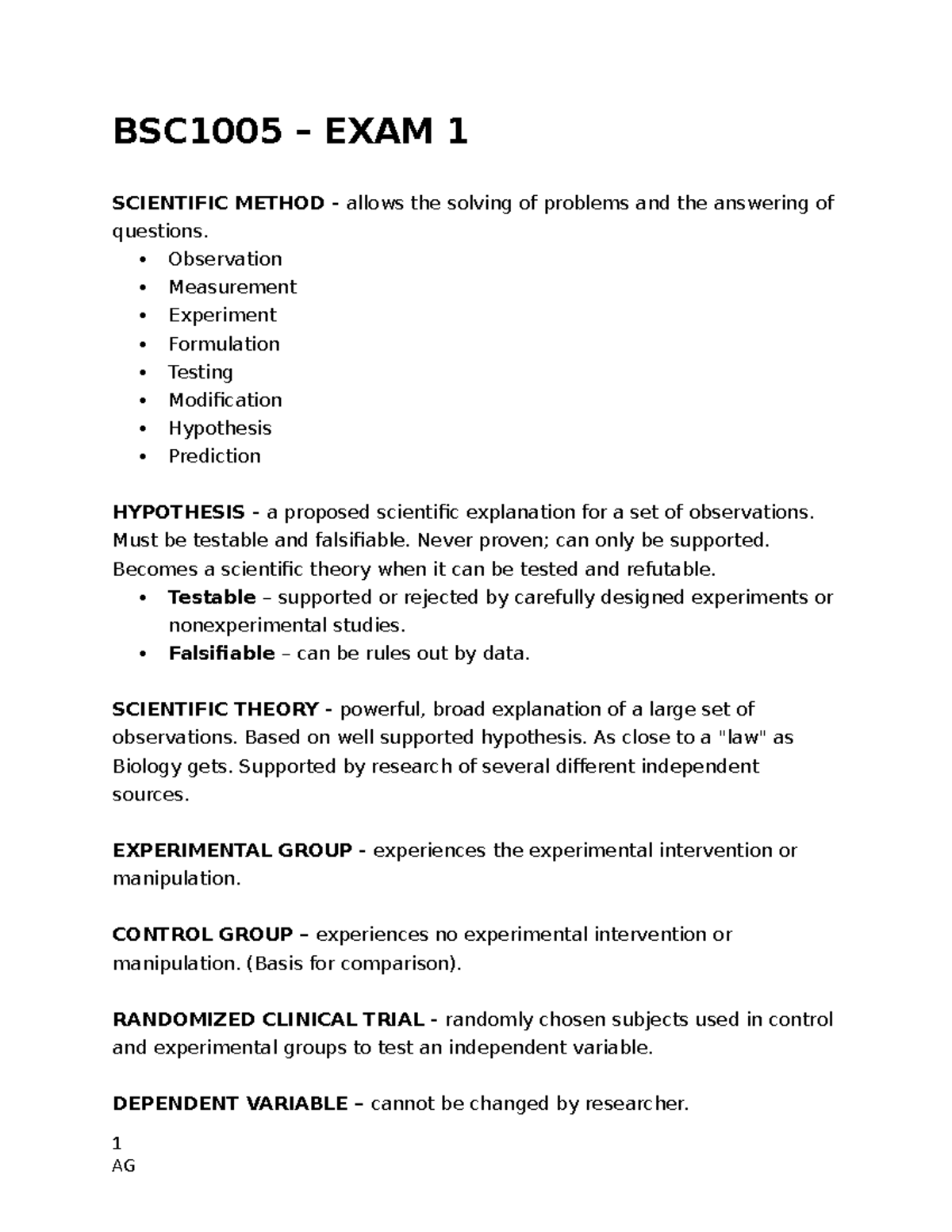 BSC1005 - Study Guide for BSC 1005 Exam 1: Chapters 1-3 Review - Studocu