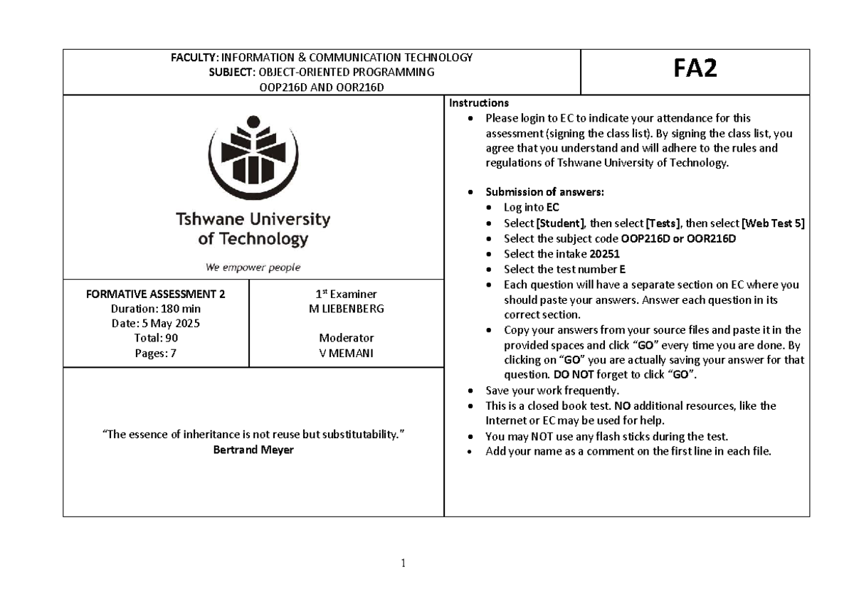 OOP216D OOR216D FA2 2025S1: Programming Assessment Instructions and ...