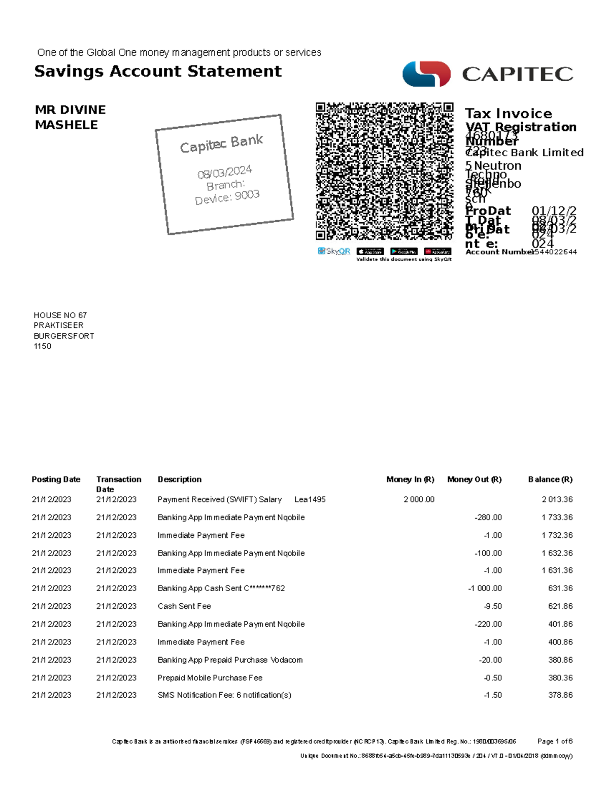 Capitec Banking Transactions Record - CRW2602 Statement Summary - Studocu
