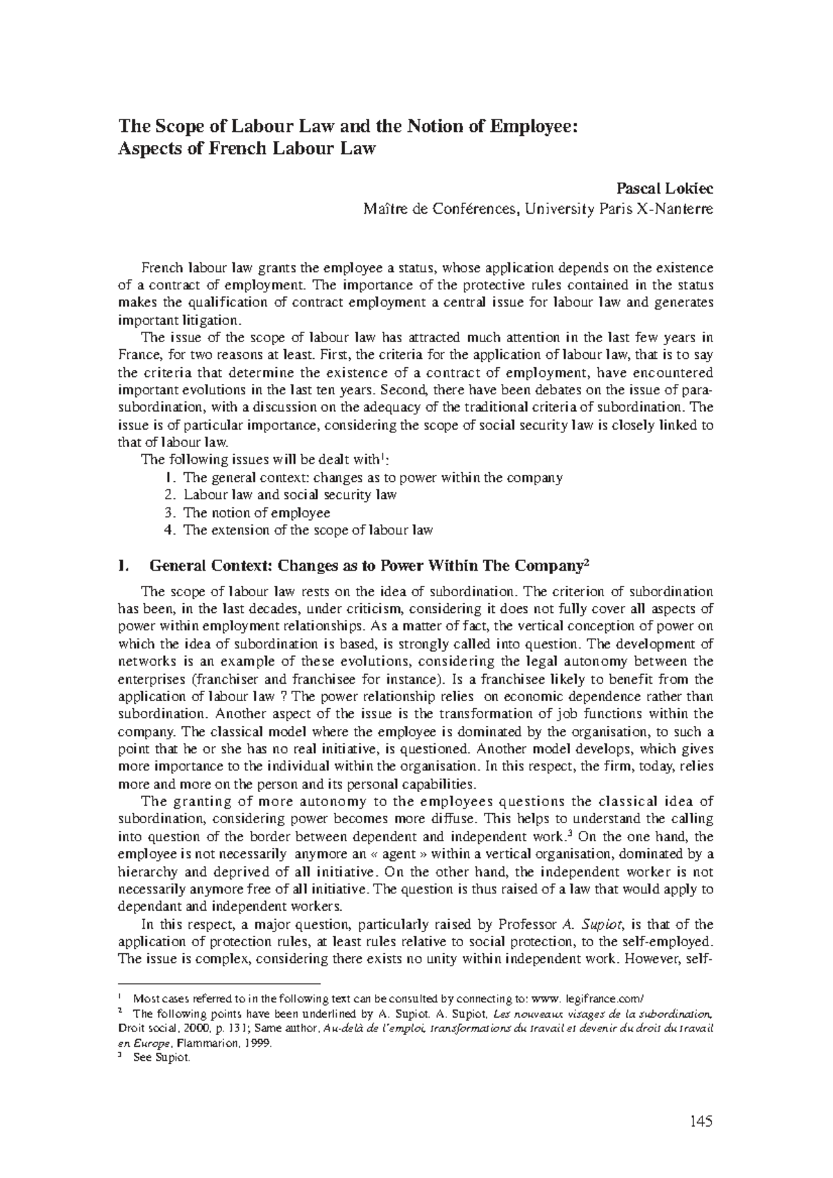 Clls04: The Evolution of Employee Status in French Labour Law - Studocu