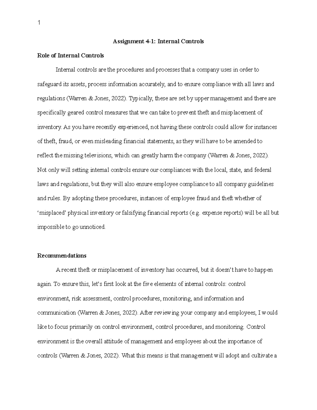 Assisgnment 4-1 - Full marks - 1 Assignment 4-1: Internal Controls Role of Internal Controls ...